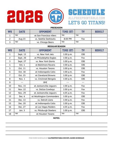 2026 Tennessee Titans Schedule Free Printable