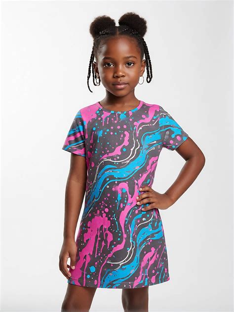 5 6y Girls Short Sleeve Dress Digital Print Casual