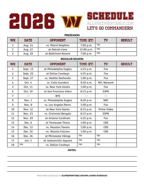 2026 Washington Commanders Schedule Free Printable