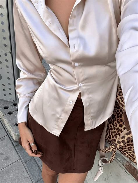 Womens Minimalist Satin Button Up Shirt V Neck Long Sleeve Slim Fit Office Lady Elegant Top For