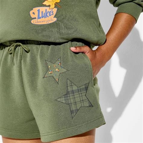 Womens Gilmore Girls Patch Fleece Graphic Pull On Shorts Olive Green