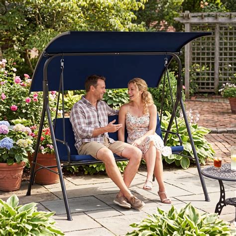 Navy Patio Swing Chair With Adjustable Canopy Removable Cushion Metal