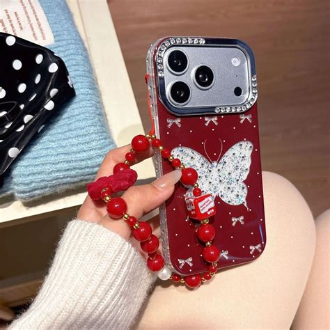 Red Butterfly Glitter Beaded Strap Iphone Cover Stylish Strap Case