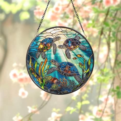 Sea Turtle Stained Glass Suncatcher Ocean Underwater Window Hanging