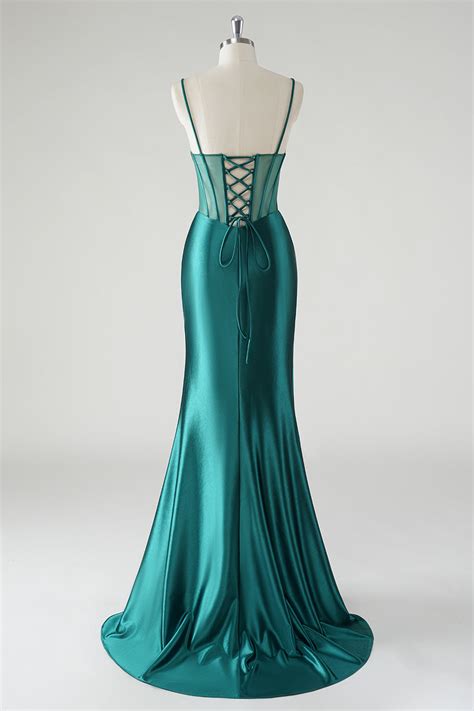 Zapaka Women Dark Green Satin Spaghetti Straps Mermaid Prom Dress