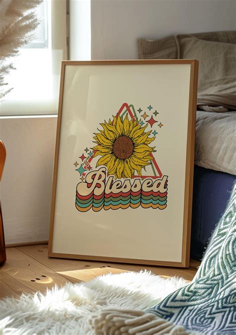 Blessed Sunflower Print Retro Wall Art Inspirational Print Digital