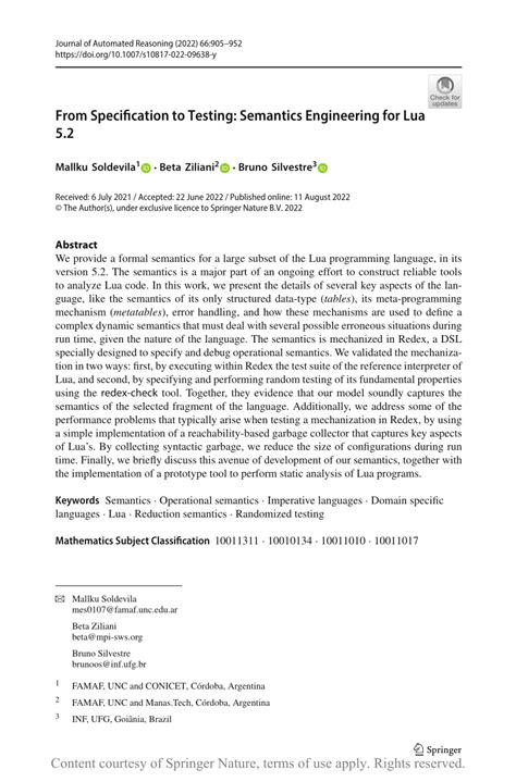 From Specification To Testing Semantics Engineering For Lua 52