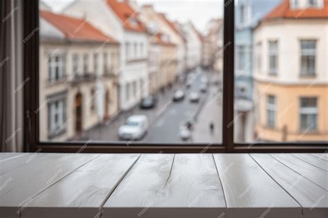 Premium Photo White Wooden Table In Front Of Window With Blurred