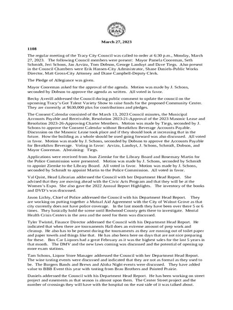 The Following Council Members Were Present Mayor Pamela Cooreman Seth Schmidt Jeri Schons Jan