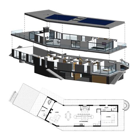 Exploded Cad Plan Illustrating Ground And Upper Levels Of Contemporary