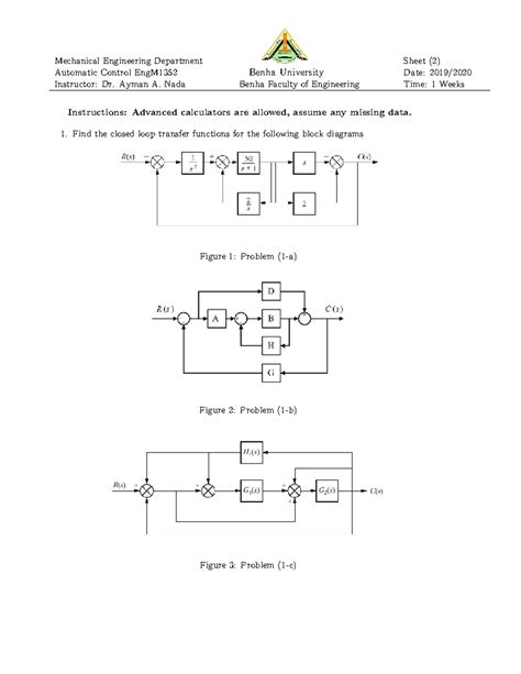 Automatic Control Engm1352 Sheet 2 Closed Loop Transfer Functions