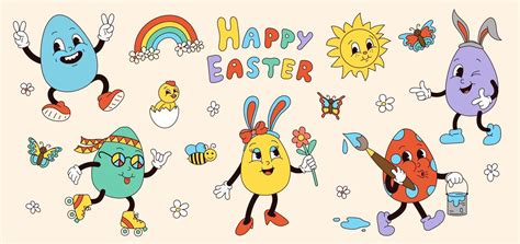 Set Retro Groovy Easter Eggs Characters In Trendy Cartoon 60s 70s Style Old Classic Cartoon