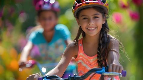 Hispanic Teen Helps Sister Ride Bike Showing Maturity And Responsibility In Park Concept