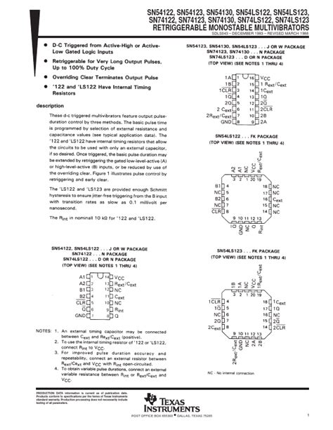 74ls123 Datasheet Pdf Retriggerable Monostable Multivibrators