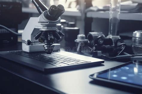 Microscope And Laptop Computer On Laboratory Desk Ai Generative Stock Illustration