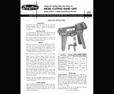 Dayton Band Saw Parts Manual