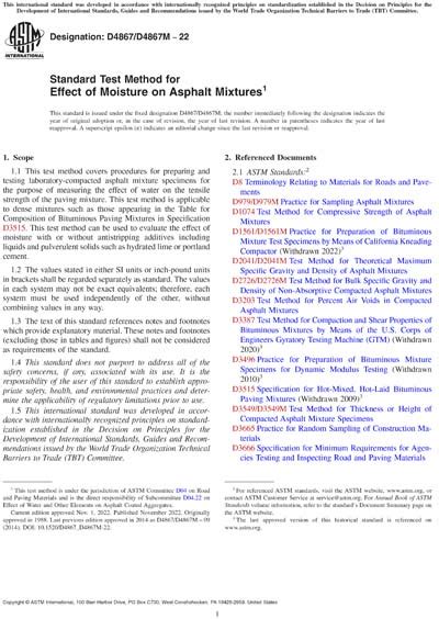 Astm D4867 D4867m 22 Standard Test Method For Effect Of Moisture On Asphalt Mixtures