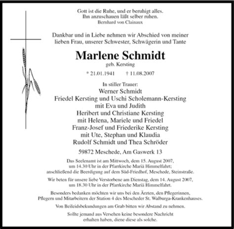 Traueranzeigen Von Marlene Schmidt Trauer In Nrwde