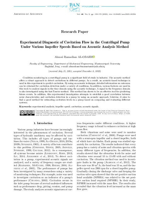 Pdf Experimental Diagnostic Of Cavitation Flow In The Centrifugal Pump Under Various Impeller
