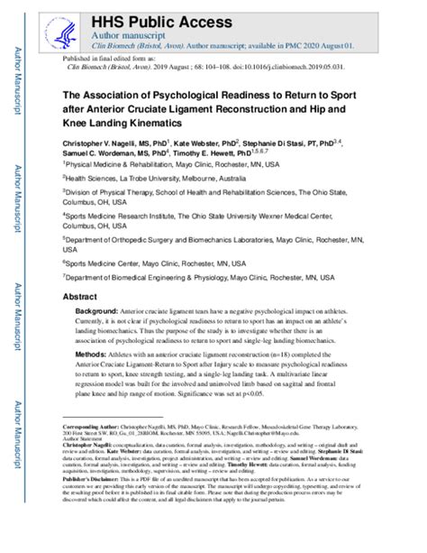 Pdf The Association Of Psychological Readiness To Return To Sport