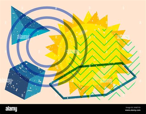 Risograph Summer Sun With Geometric Shapes Objects In Trendy Riso