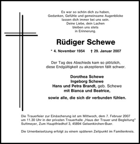 Traueranzeigen Von Rüdiger Schewe Trauer In Nrw De
