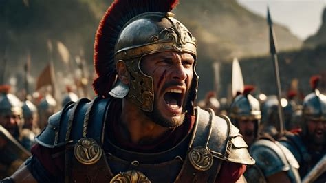 Photorealistic Cinematic Depiction Of A Roman Warriors Battle Cry