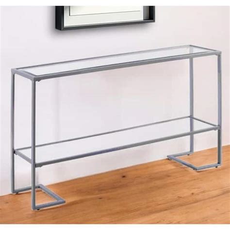 Homeroots 16 In Silver Rectangle Glass Console Table With Shelves 2000402392 The Home Depot