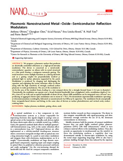 Pdf Plasmonic Nanostructured Metaloxidesemiconductor Reflection Modulators