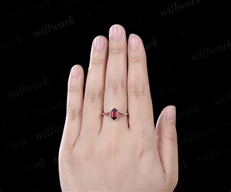 Vintage Long Hexagon Cut Red Ruby Engagement Ring Rose Gold Solitaire Willwork Jewelry