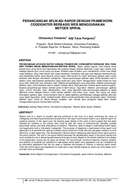 Pdf Perancangan Aplikasi Rapor Dengan Framework Codeigniter Berbasis Web Menggunakan Metode Spiral