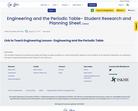 Engineering And The Periodic Table Student Research And Planning Sheet