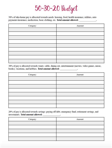 Printable 50 30 20 Budget Template