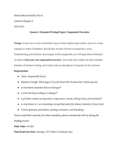 Suspenseful Narrative Assignment Sheet North Bethesda Middle School