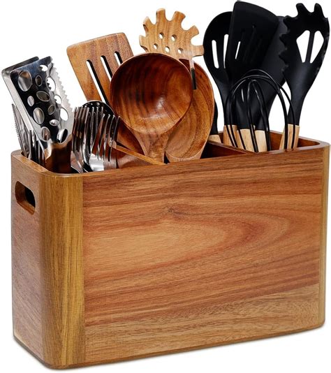 Wooden Kitchen Utensil Holder Organizer For Counter Or Countertop