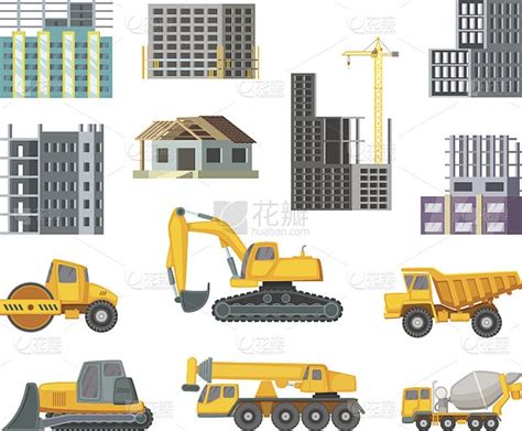 黄色的大型机器和处于施工阶段的现代建筑。未完成的。矢量图片卡通风格素材 花瓣网