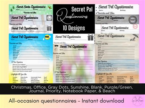 Secret Pal Questionnaire ~ 10 Question Sheets For Secret Santa Teacher