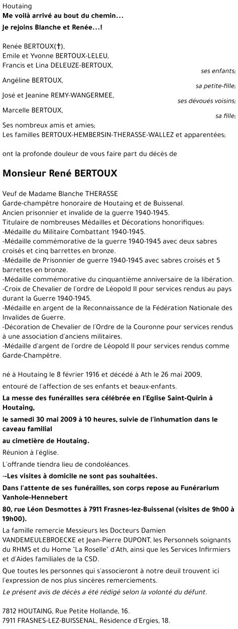 Avis De Décès De René Bertoux Décédé Le 26052009 à Ath Annonce