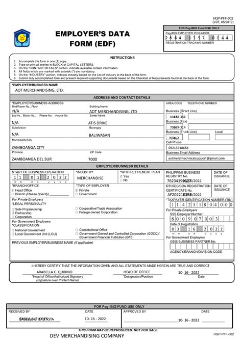 Derama Pff002 Employers Data Form V07 For Pag Ibig Fund Use Only