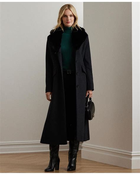 Ralph Lauren Single Breasted Faux Fur Collar Coat In Black Lyst