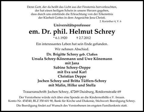 Traueranzeigen Von Helmut Schrey Trauer In Nrw De