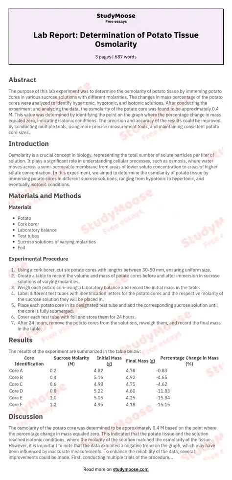 Lab Report Determination Of Potato Tissue Osmolarity Studymoose