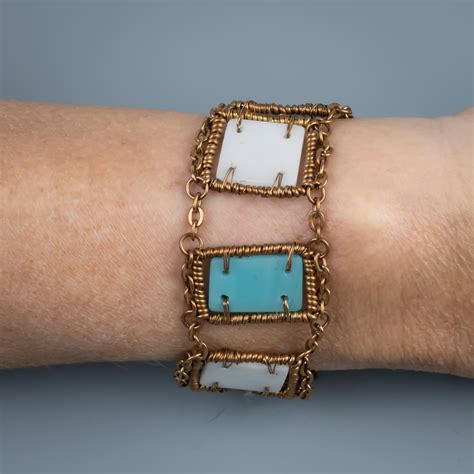 Turquoise And White Tumbled Glass Bronze Bracelet