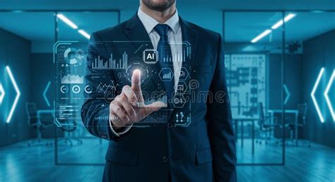 Businessman In Suit Interacting With Holographic Ai And Data