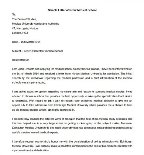 Letter Of Intent Sample Medical School Pdf Template