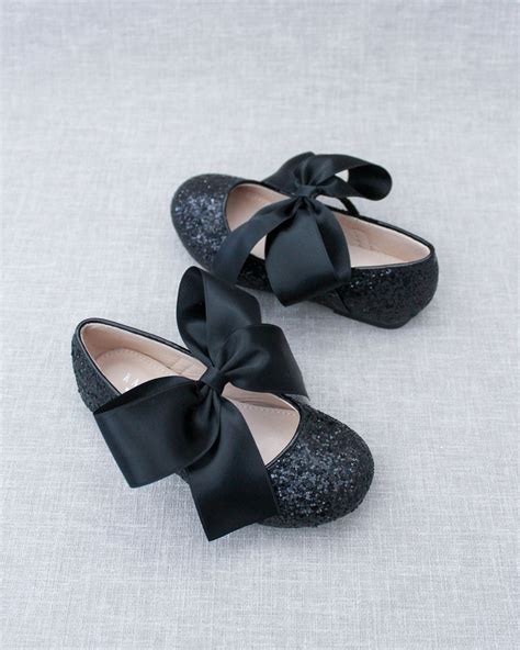 Black Rock Glitter Mary Jane Ballet Flats With Satin Bow Flower Girls