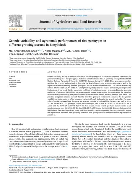 Pdf Genetic Variability And Agronomic Performances Of Rice Genotypes In Different Growing