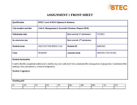 Hồng Vân Pm Asm1 Assignment 1 Front Sheet Qualification Btec Level 4 Hnd Diploma In Business