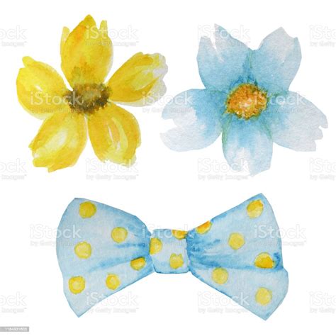 Beautiful Bright Colors Watercolor Flowers And Bow Set Light Blue And