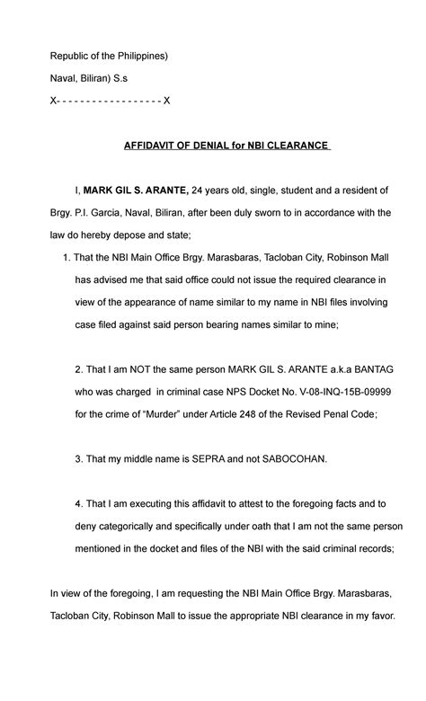 Affidavit Of Denial For Nbi Clearance Republic Of The Philippines